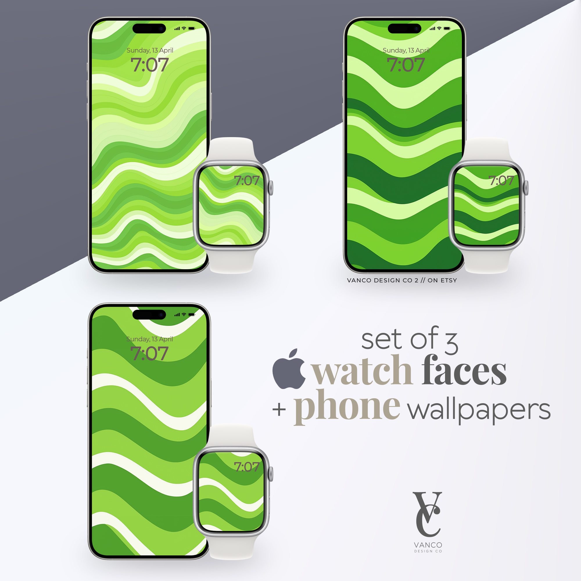Wavy Apple Watch Face & Phone Wallpaper, Trendy Retro Waves Sage ...