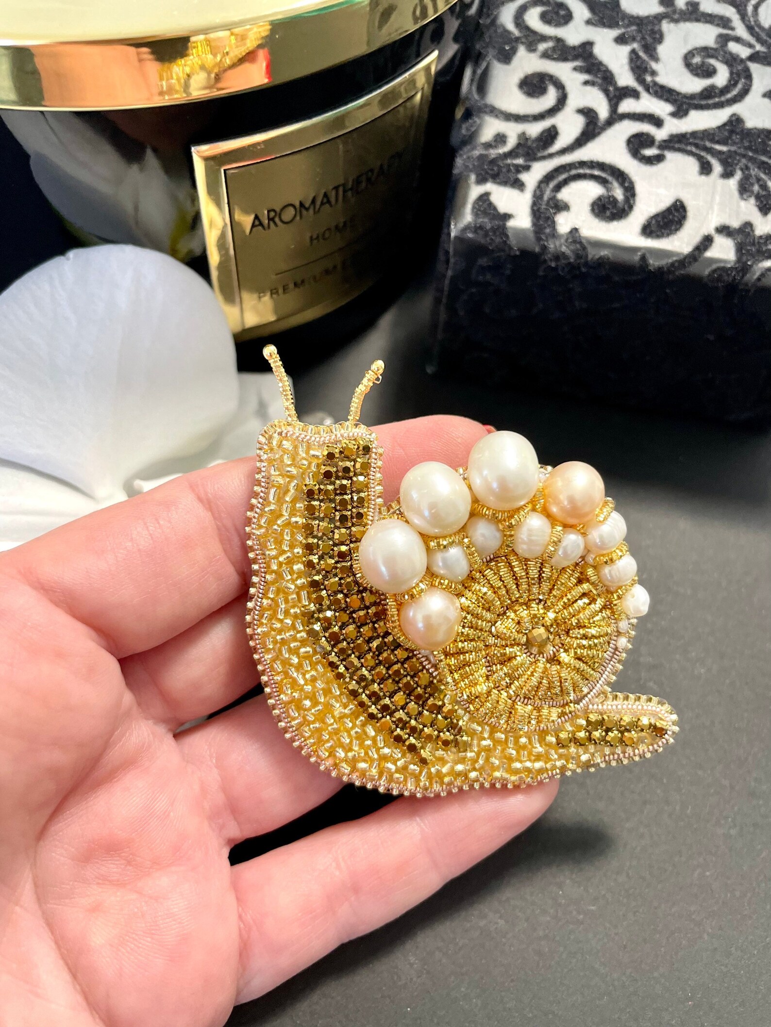 Beaded Brooch snail. Gold Beaded Brooch. Handmade Beaded Brooch. Beaded ...