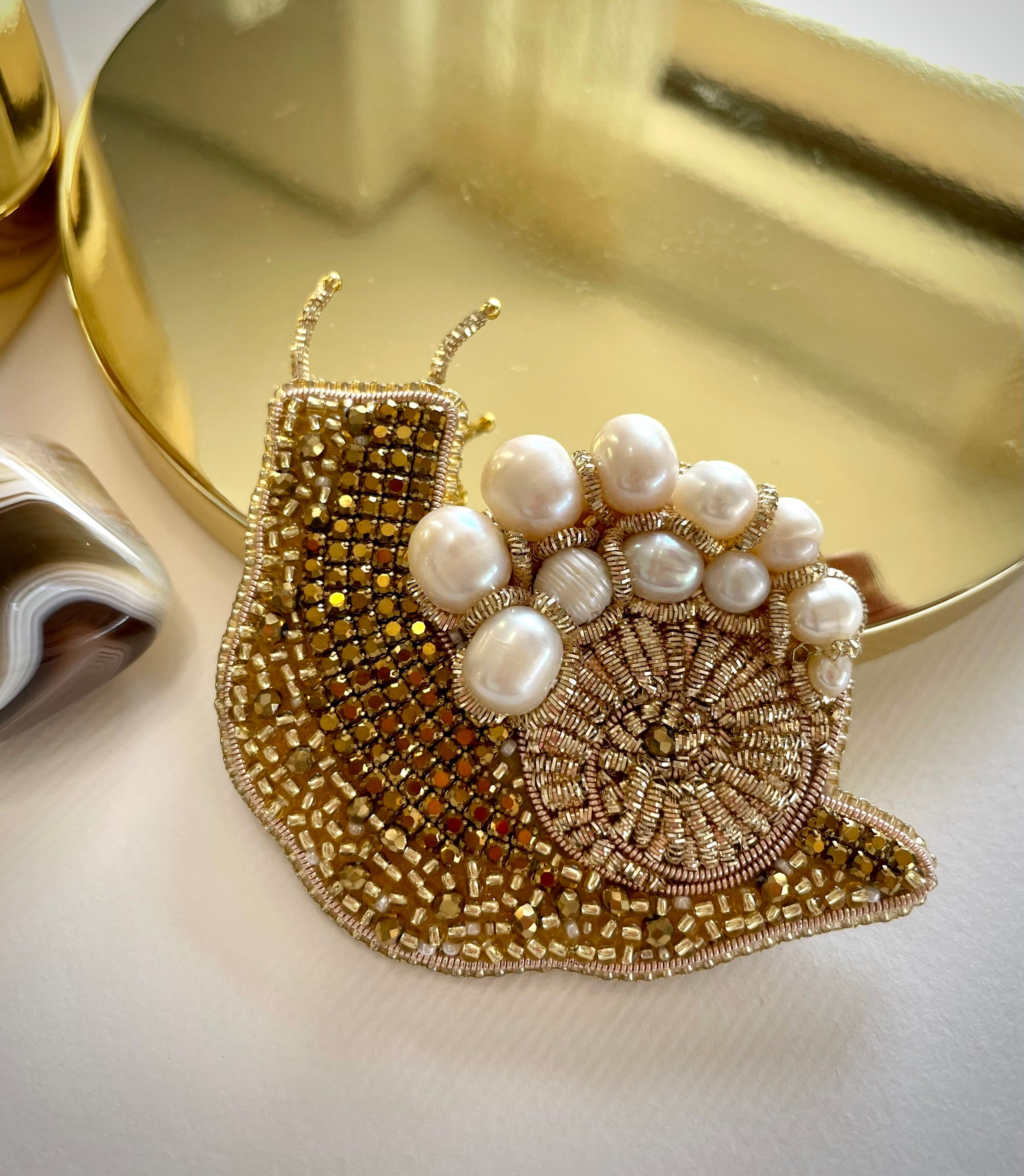 Beaded Brooch snail. Gold Beaded Brooch. Handmade Beaded Brooch. Beaded ...