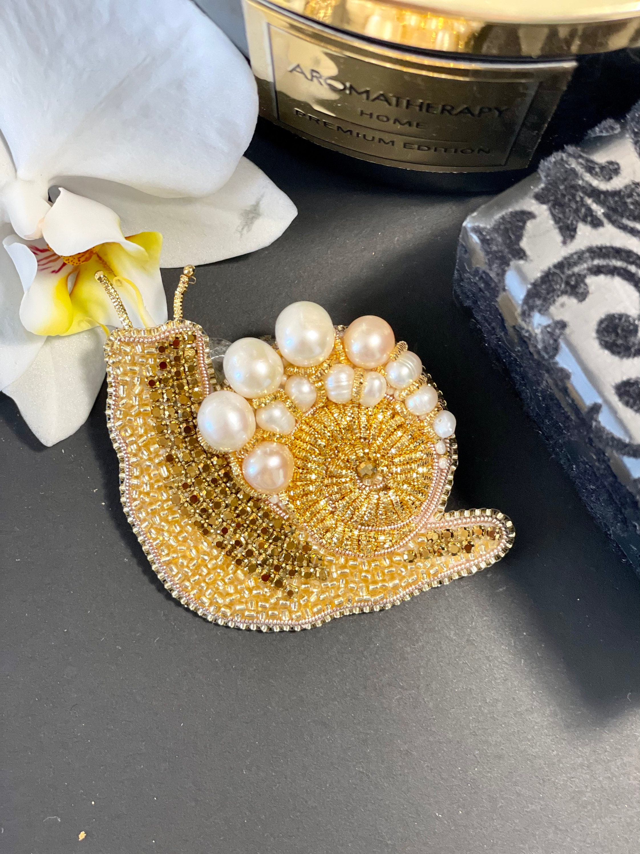 Beaded Brooch snail. Gold Beaded Brooch. Handmade Beaded Brooch. Beaded ...