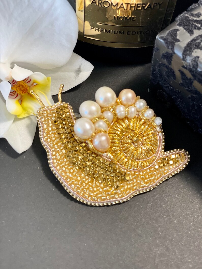Beaded Brooch snail. Gold Beaded Brooch. Handmade Beaded Brooch. Beaded ...