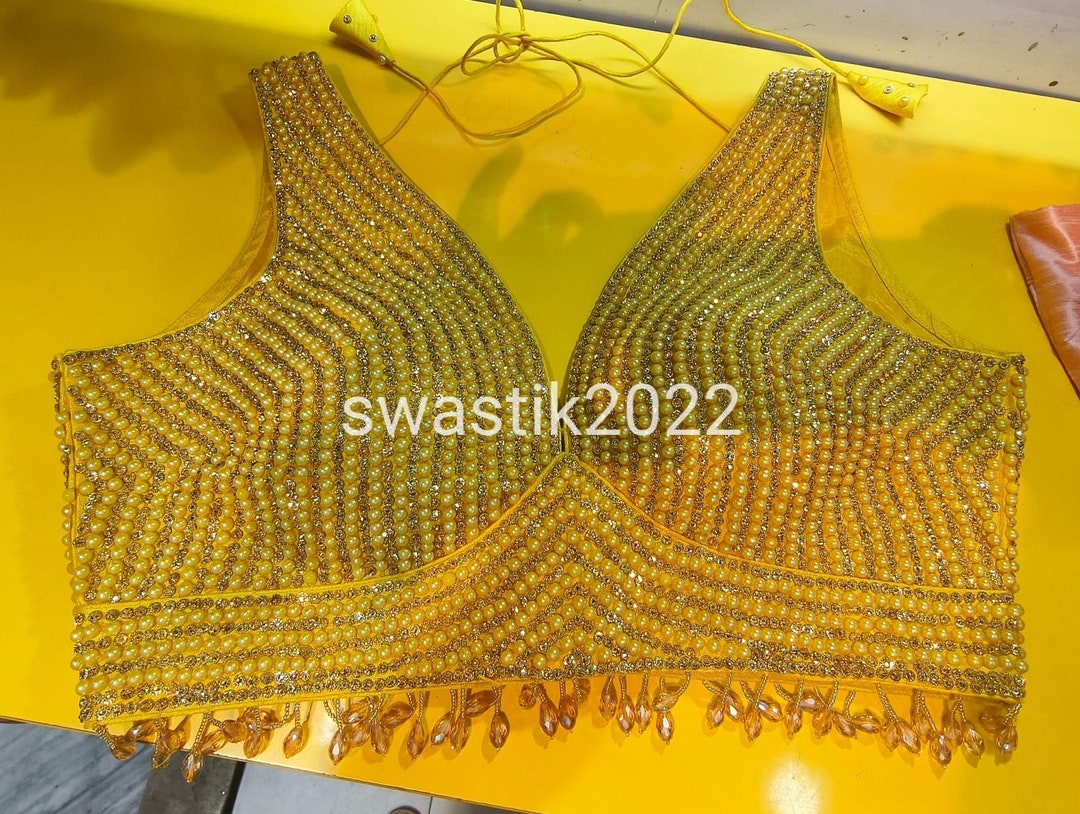 Yellow Beaded Blouse for Haldi Wedding Designer Blouse Made to Order ...