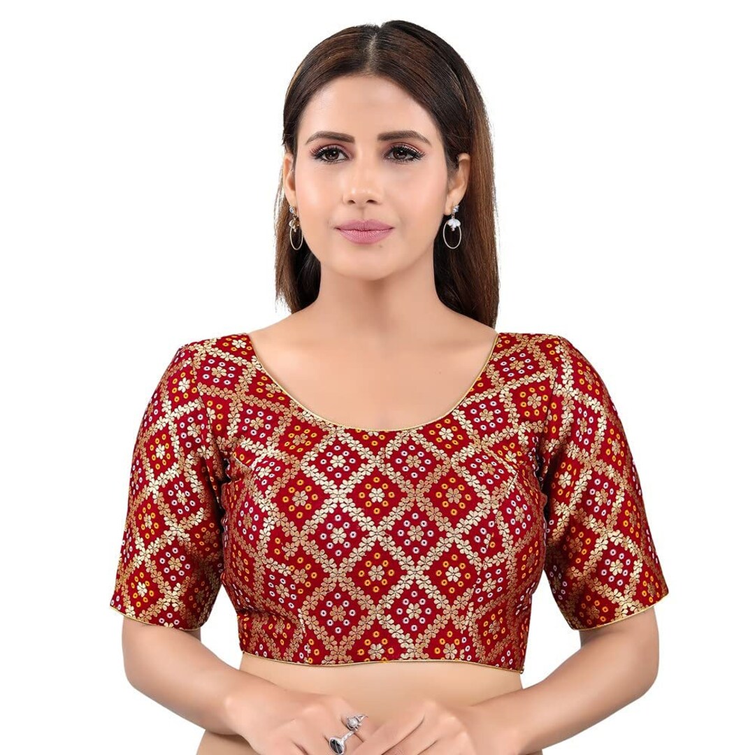 Maroon Bandhani Silk Brocad Blouse Designer Blous Indian Readymade Sari ...