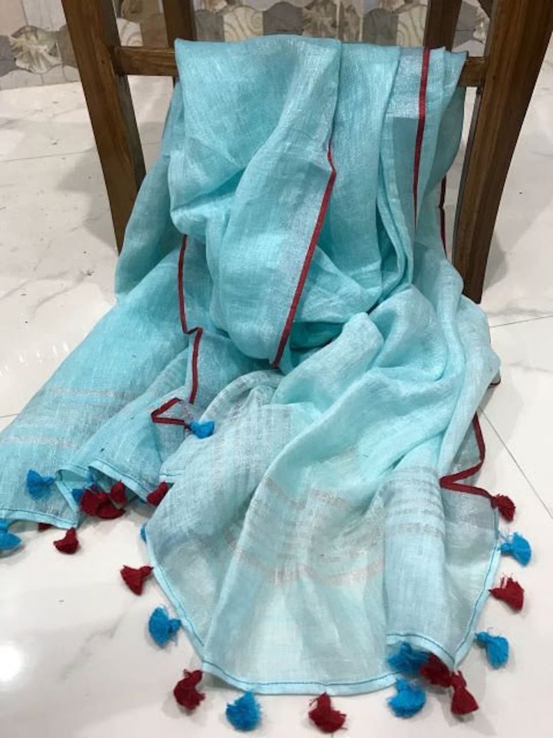 Blue Linen Saree Handwoven Saree With Zari Border Organic Linen by ...