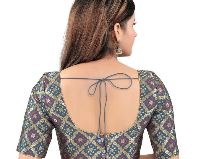 Grey Bandhani Silk Brocade Blouse Designer Blous Indian Readymade Sari ...