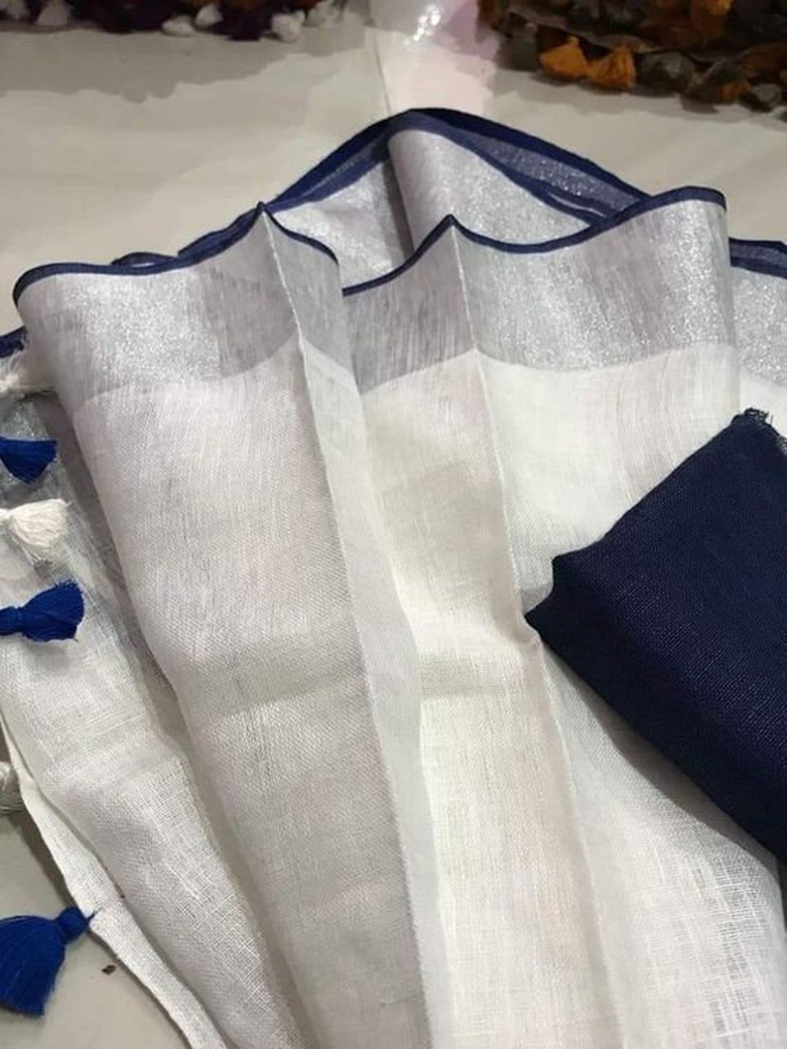White & Blue Linen Saree Handwoven Saree With Zari Border Organic Linen ...
