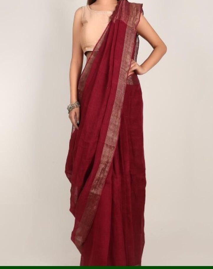 Beautiful Linen Saree Handwoven Saree With Zari Border Organic Linen by ...
