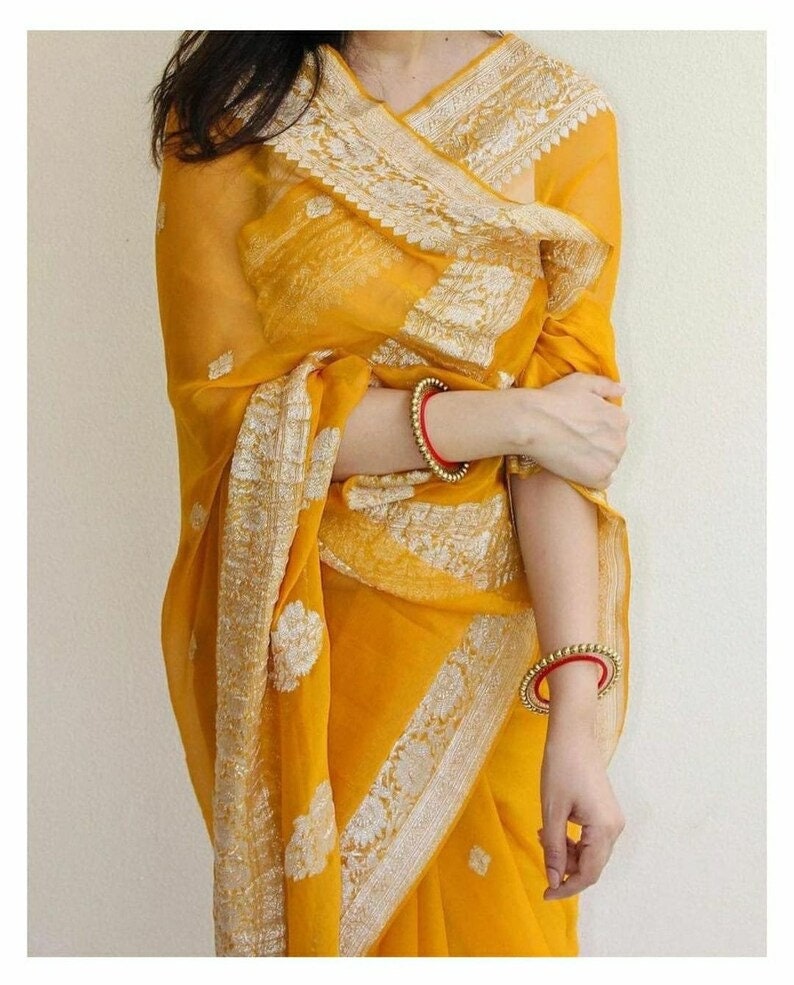 Haldi Yellow Banarasi Pure Chiffon Georgette Saree Georgette Banarasi ...