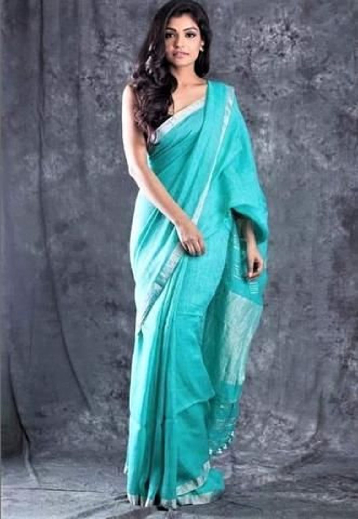 Blue & Silverlinen Saree Handwoven Saree With Zari Border Organic Linen ...