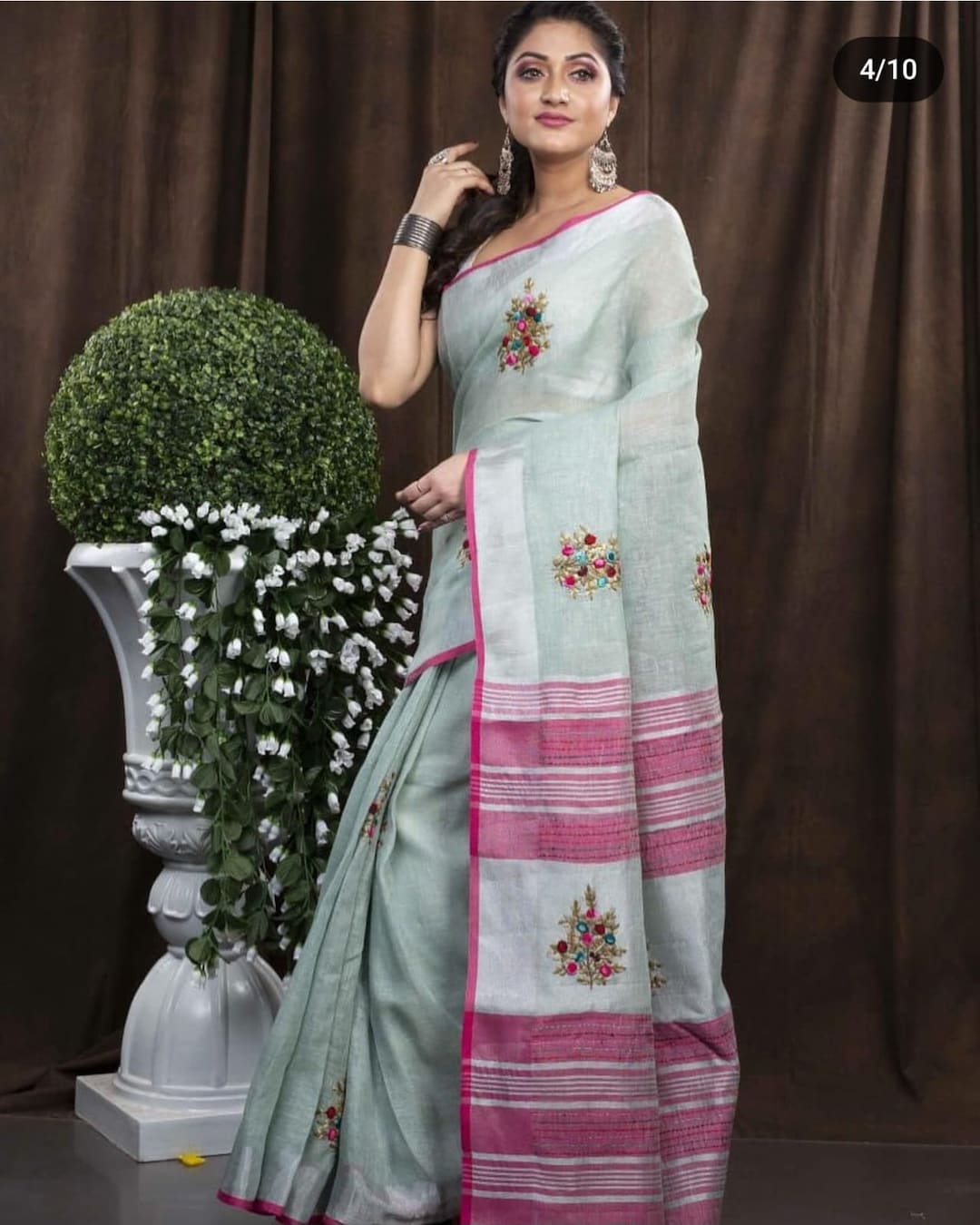 Pure 100% Linen Saree Handwoven Saree Embroidered Zari Border Organic ...