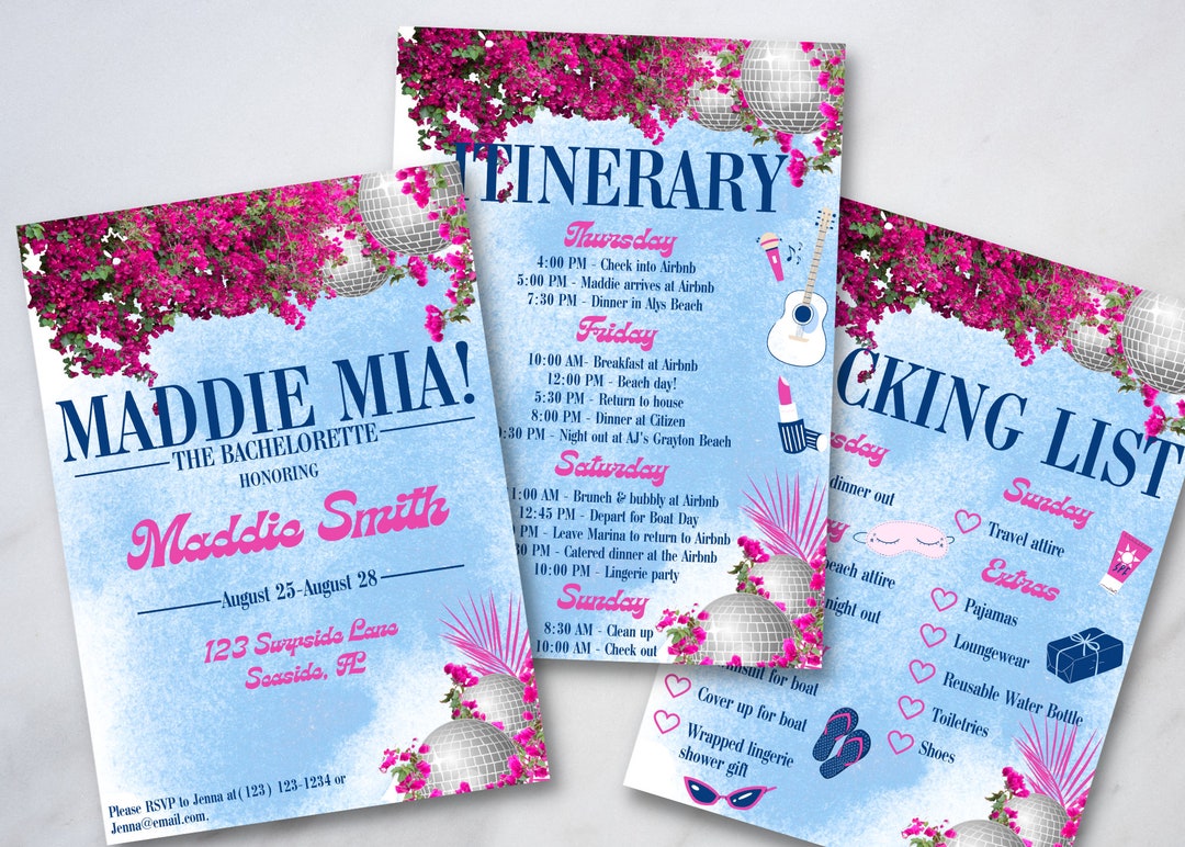 Disco in Greece Bachelorette Party Invitation, Itinerary, and Packing ...