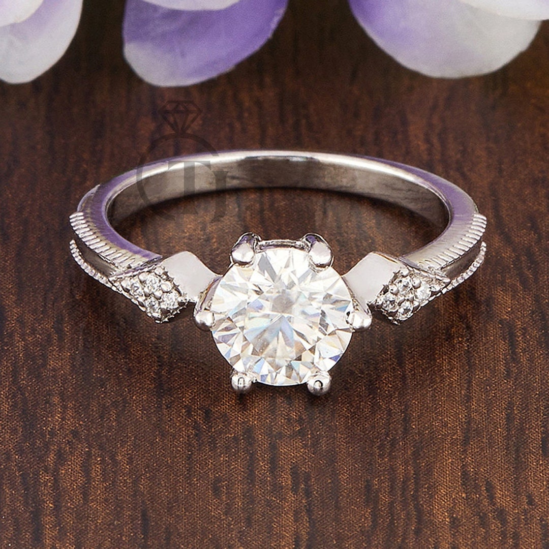 Round Solitaire Engagement Ring, Bridge Accent Wedding Ring, Promise ...
