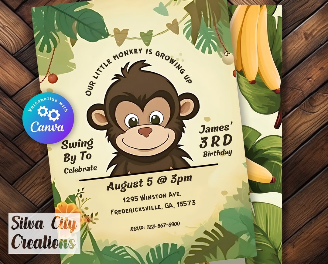 Editable Monkey Themed Birthday Invite Monkey Invitation Birthday Party ...