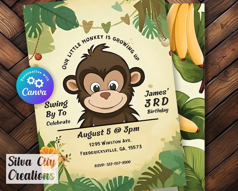Editable Monkey Themed Birthday Invite Monkey Invitation Birthday Party ...