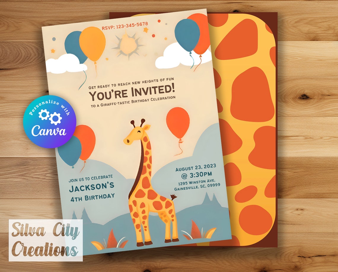 Editable Giraffe Themed Birthday Invite Giraffe Invitation Birthday Party Invite Safari Giraffe ...