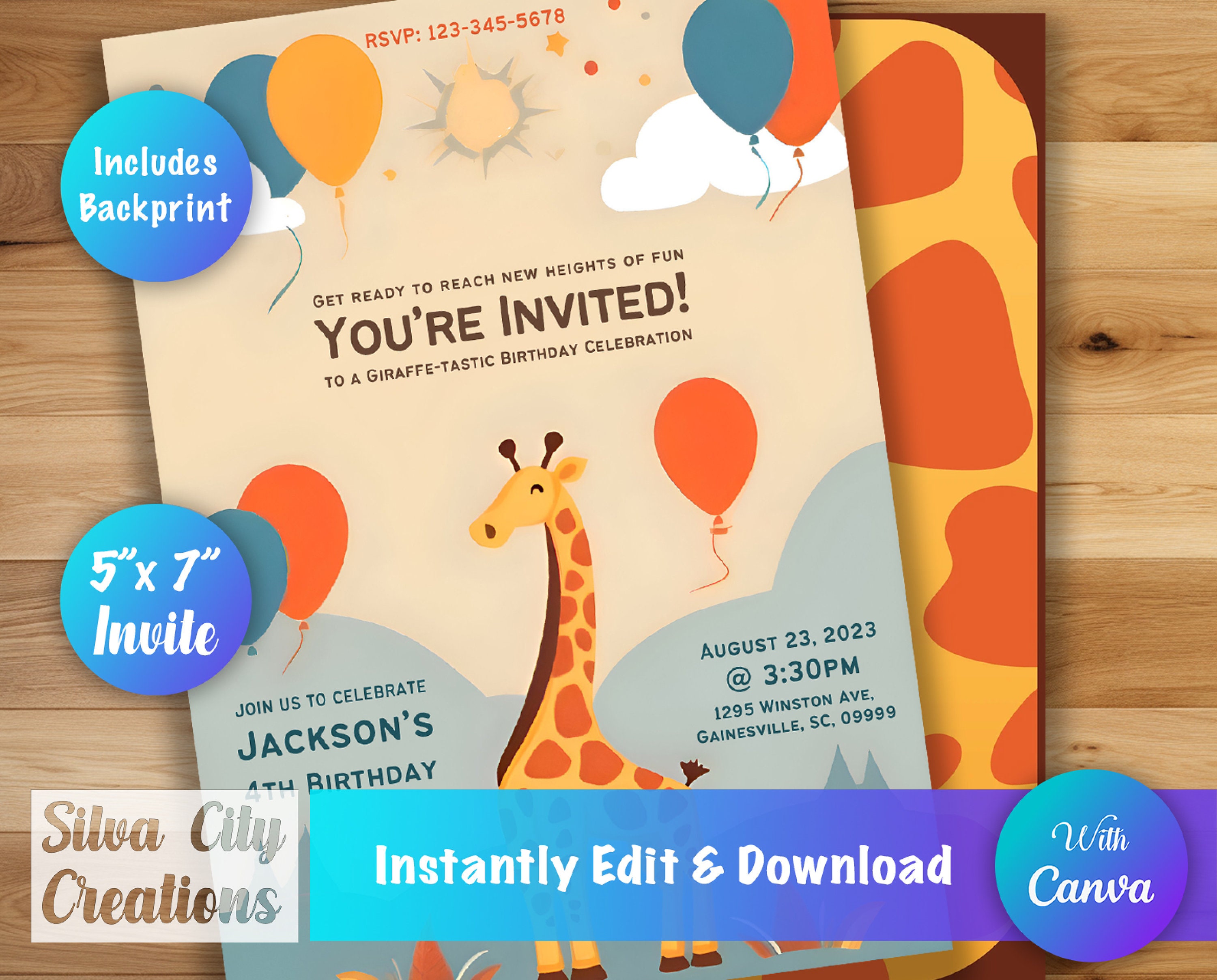 Editable Giraffe Themed Birthday Invite Giraffe Invitation Birthday Party Invite Safari Giraffe ...