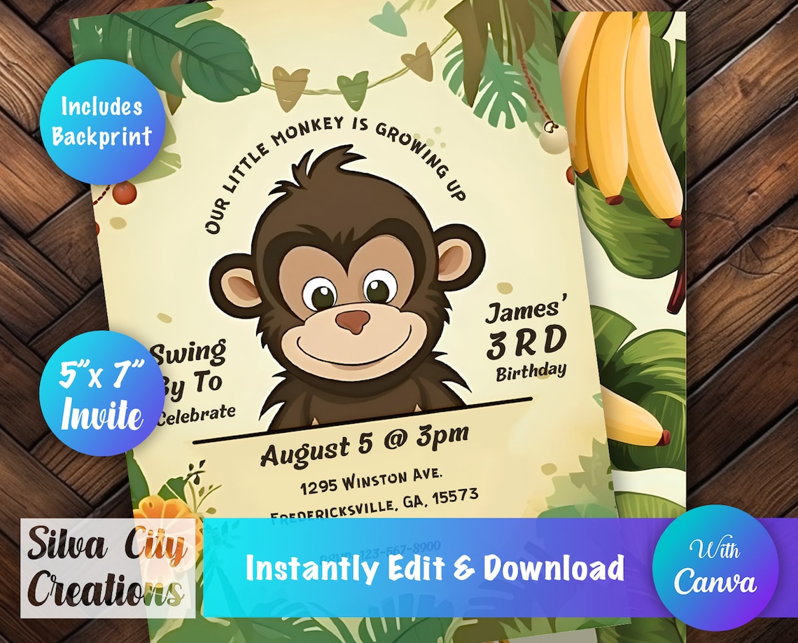 Editable Monkey Themed Birthday Invite Monkey Invitation Birthday Party ...