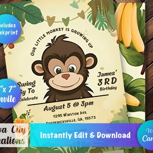 Editable Monkey Themed Birthday Invite Monkey Invitation Birthday Party ...