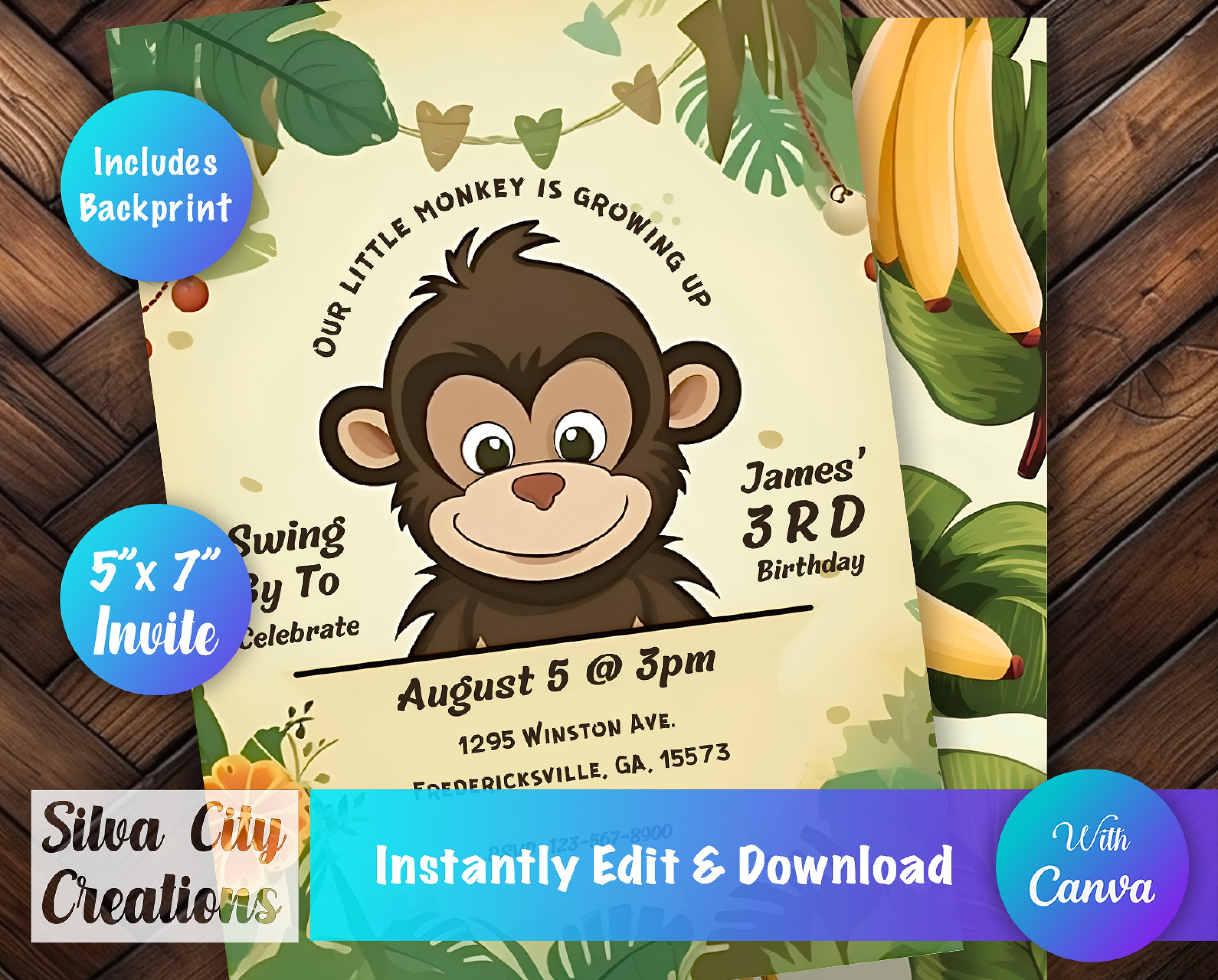 Editable Monkey Themed Birthday Invite Monkey Invitation Birthday Party ...