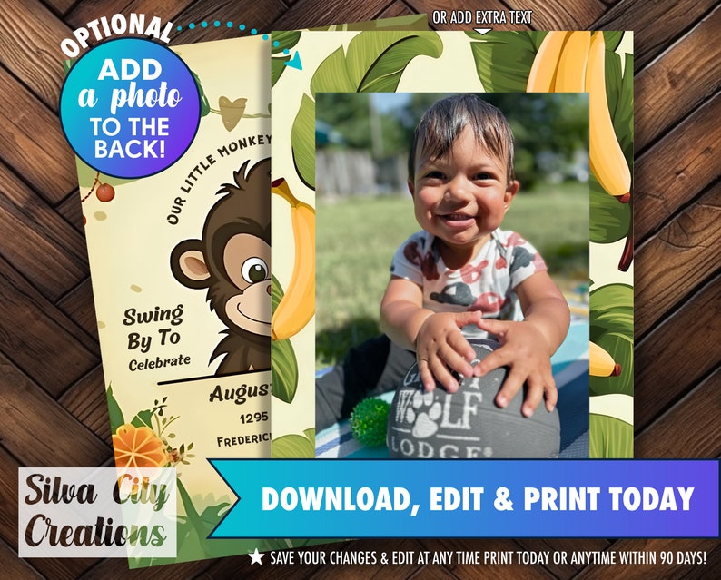 Editable Monkey Themed Birthday Invite Monkey Invitation Birthday Party ...