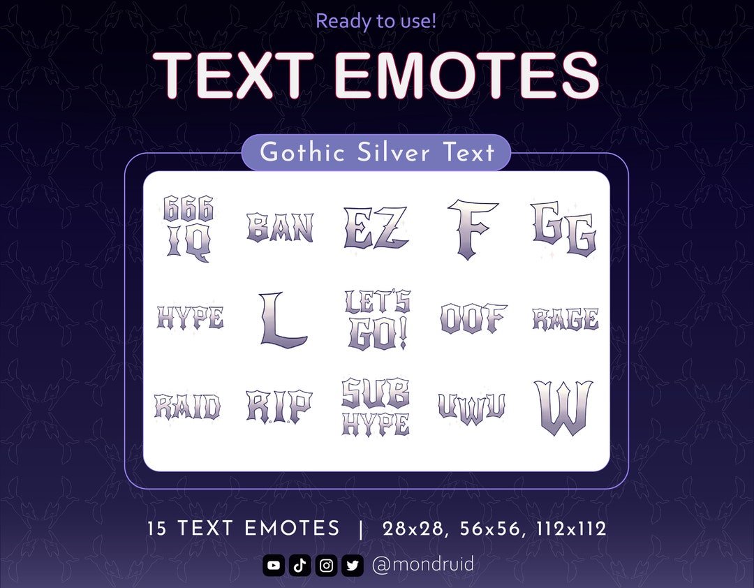 15 TEXT EMOTES | Silver Goth Text | Twitch | Youtube | Discord ...