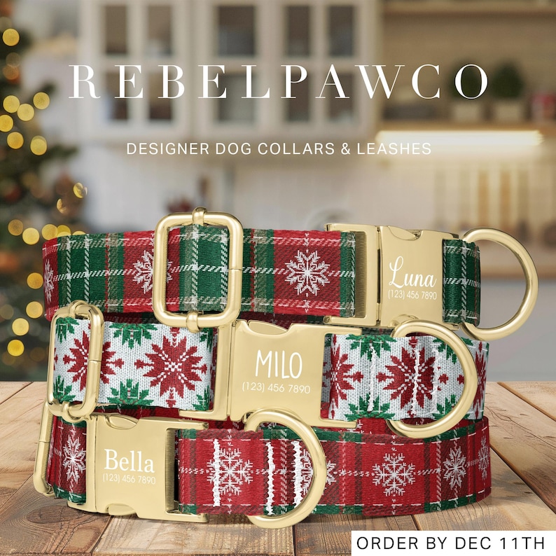 Snowflake Christmas Dog Collars, Personalized Dog Collar With Engrave ...