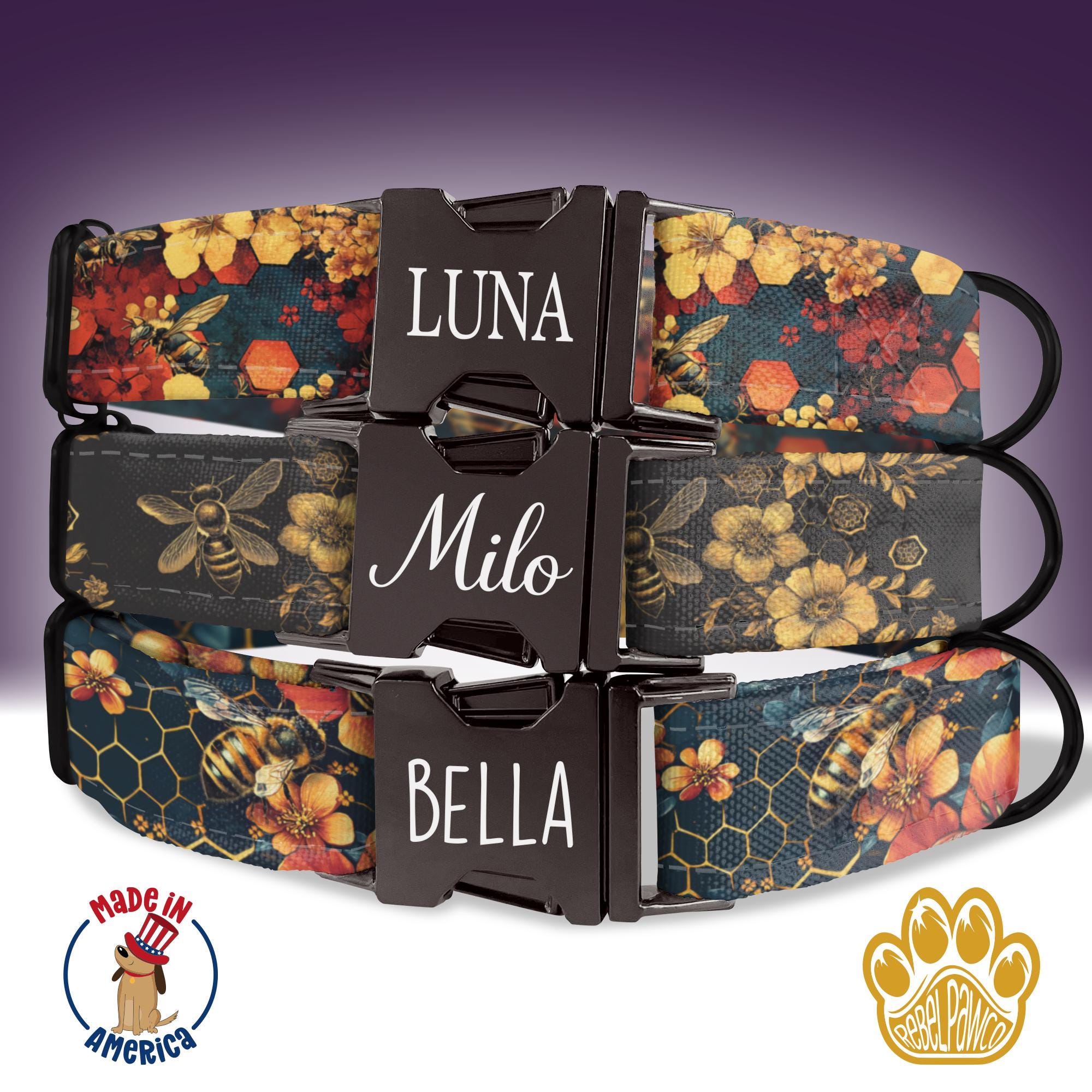 Personalized Dog Collar Bees, Orange Floral Dog Collar, Bee Print ...