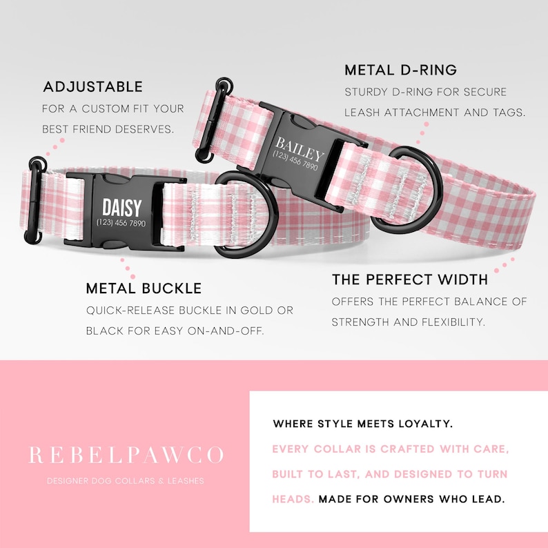 Gingham Pink Dog Collar With Personalized Name Tag Engraved Preppy Pink ...