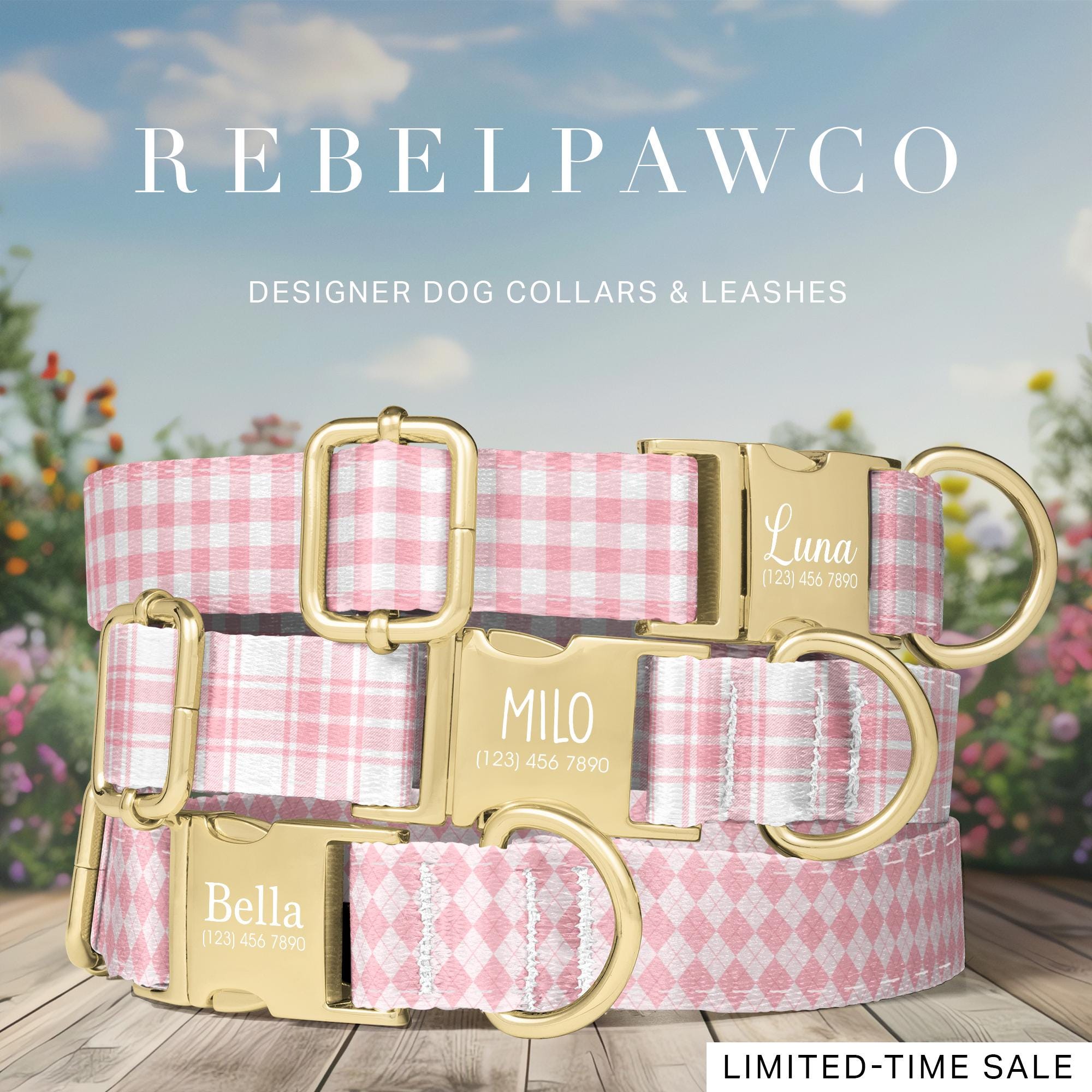 Gingham Pink Dog Collar With Personalized Name Tag Engraved Preppy Pink ...