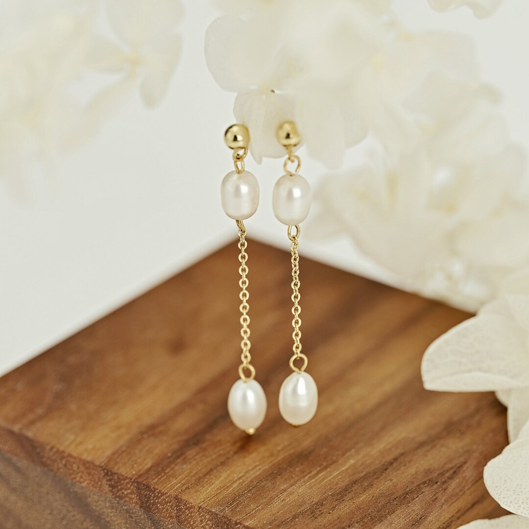 18K Gold 2 Pearls Drop Earrings, Freshwater Pearls Dangle Earrings ...