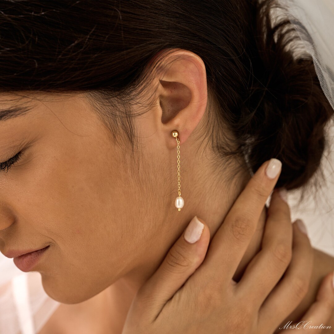 Gold Drop Pearl Earrings, Simple Long Chain Earrings, Gold Earrings for ...