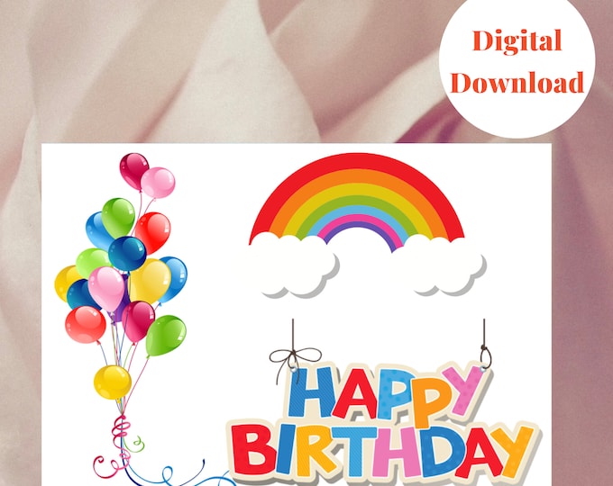 Printable Birthday Card, Rainbow Happy Birthday Card Digital Download ...