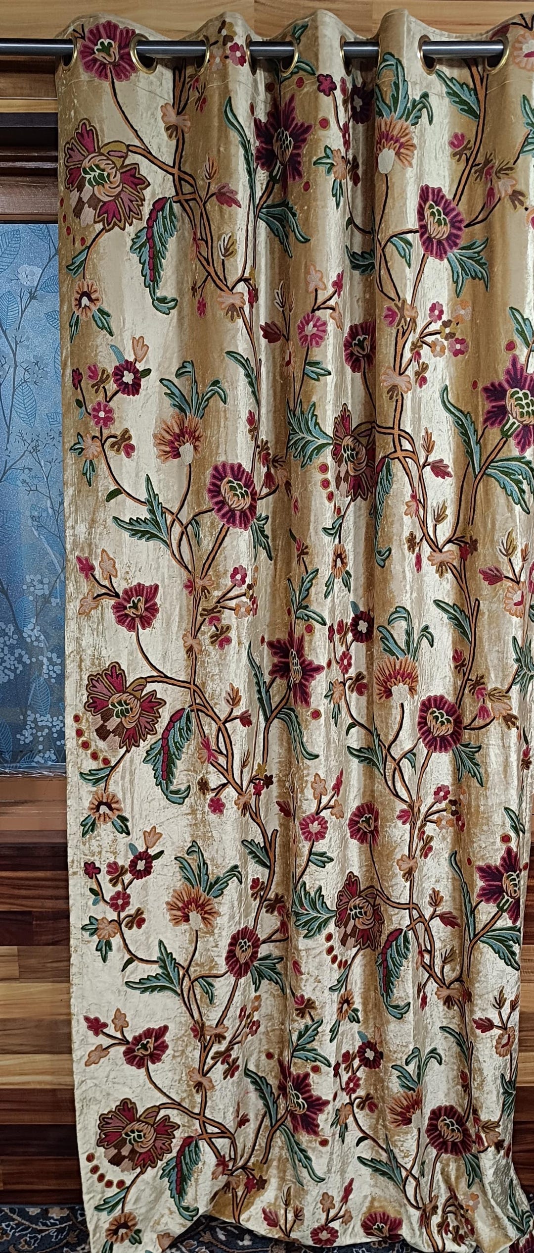 Buy One Get One - Handmade Kashmir Crewel Curtains - Golden Lily Velvet ...
