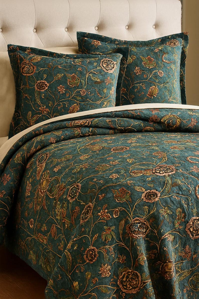 Vintage Teal Velvet Duvet Cover Set: Kashmir Floral Crewel Embroidery ...