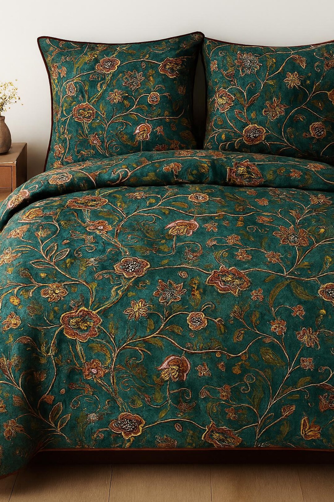 Vintage Teal Velvet Duvet Cover Set: Kashmir Floral Crewel Embroidery ...