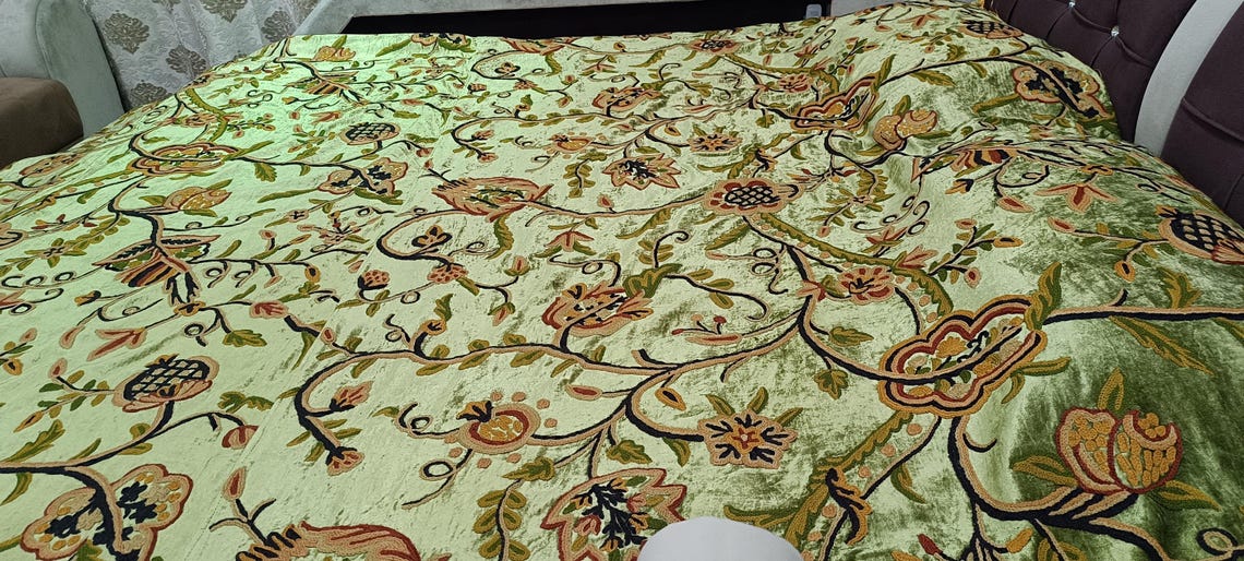 Olive Green Velvet Crewel Bedspread Set: Handmade Floral King Bedding ...