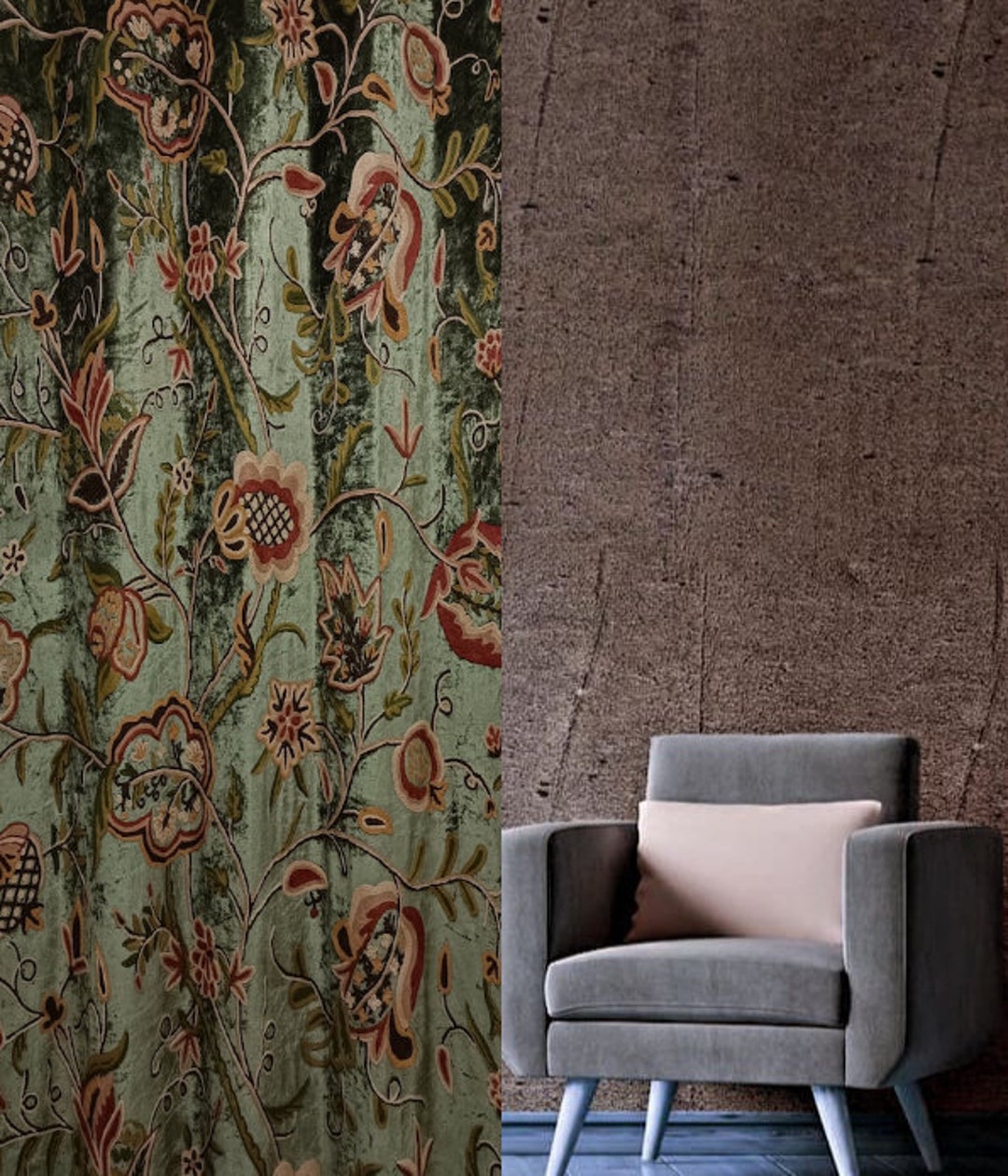 Buy 1 Get 1 - Vintage Olive Green Velvet Crewel Curtain: Mughal Garden ...
