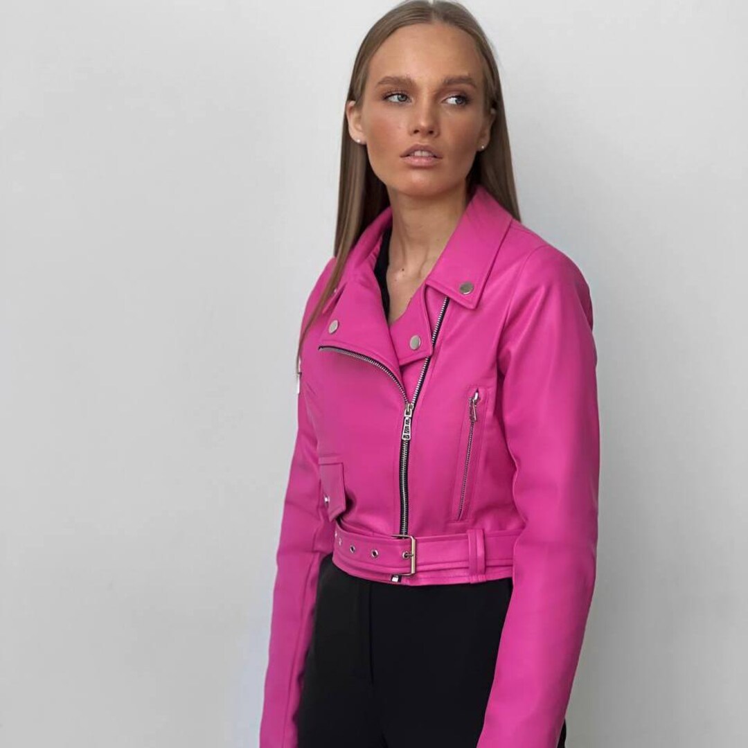 Cropped Faux Leather Biker Jacket – Fuchsia Pink Short Moto Jacket With ...