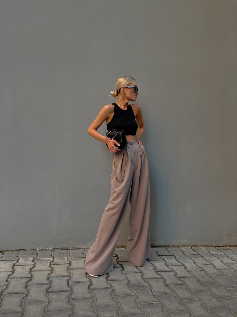 Women's Palazzo Pants in Mocha Color With a High Waist With a Zip and ...