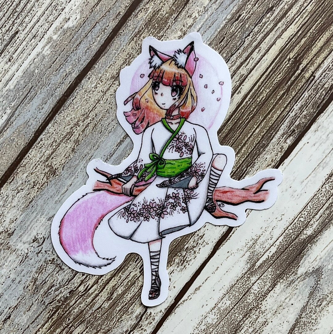 Anime Sticker | Fox Girl Sticker | Girl Cherry Blossom Dress Sticker ...