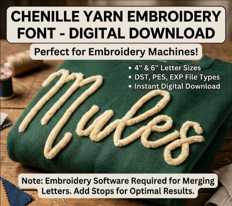 Chenille Yarn Embroidery Font, Plush Textured Alphabet 4 and 6in, PES ...