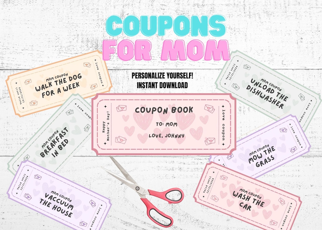 Coupons for Mom Instant Download Gift for Mother's Day Gift Coupons for ...