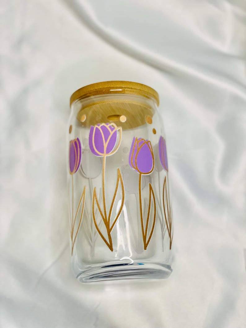 Purple Tulip Iced Coffee Glass Cup: Floral 16oz With Bamboo Lid & Glass ...