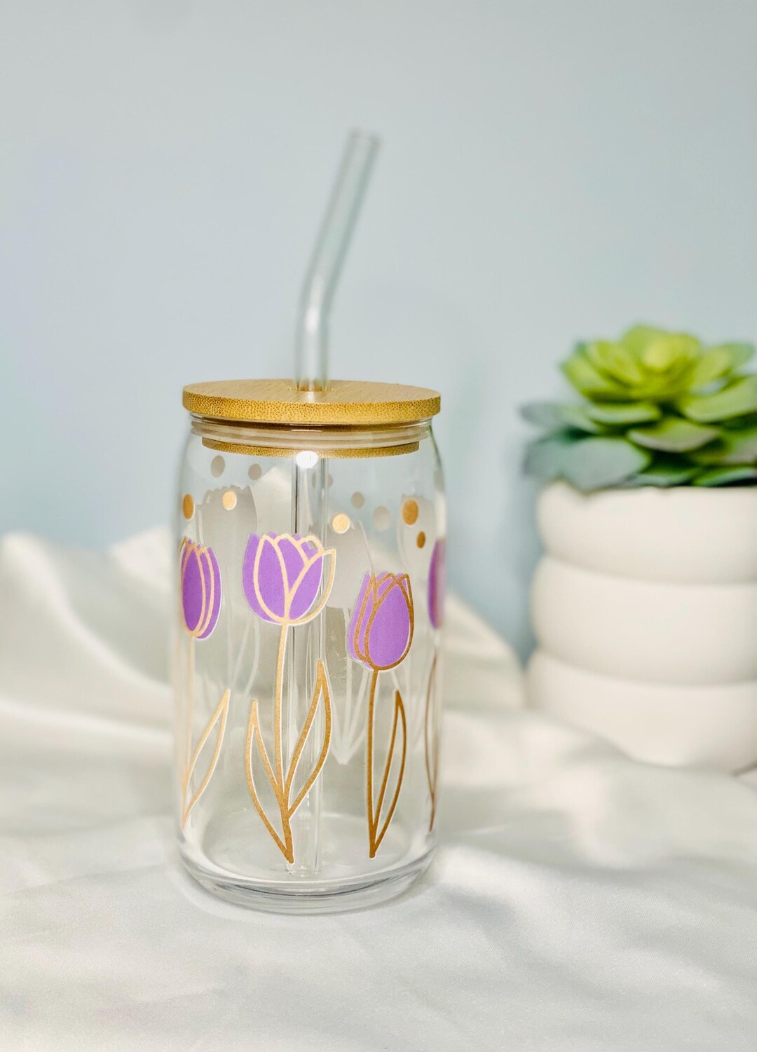 Purple Tulip Iced Coffee Glass Cup: Floral 16oz With Bamboo Lid & Glass ...
