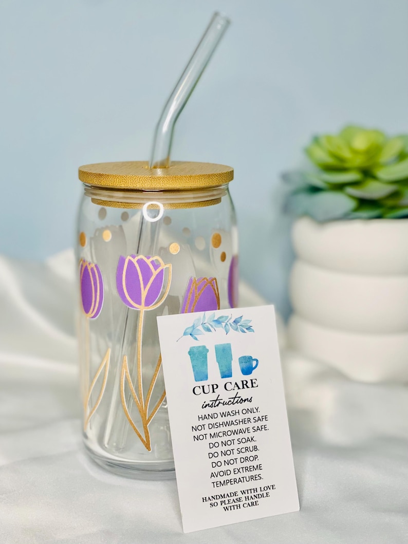 Purple Tulip Iced Coffee Glass Cup: Floral 16oz With Bamboo Lid & Glass ...