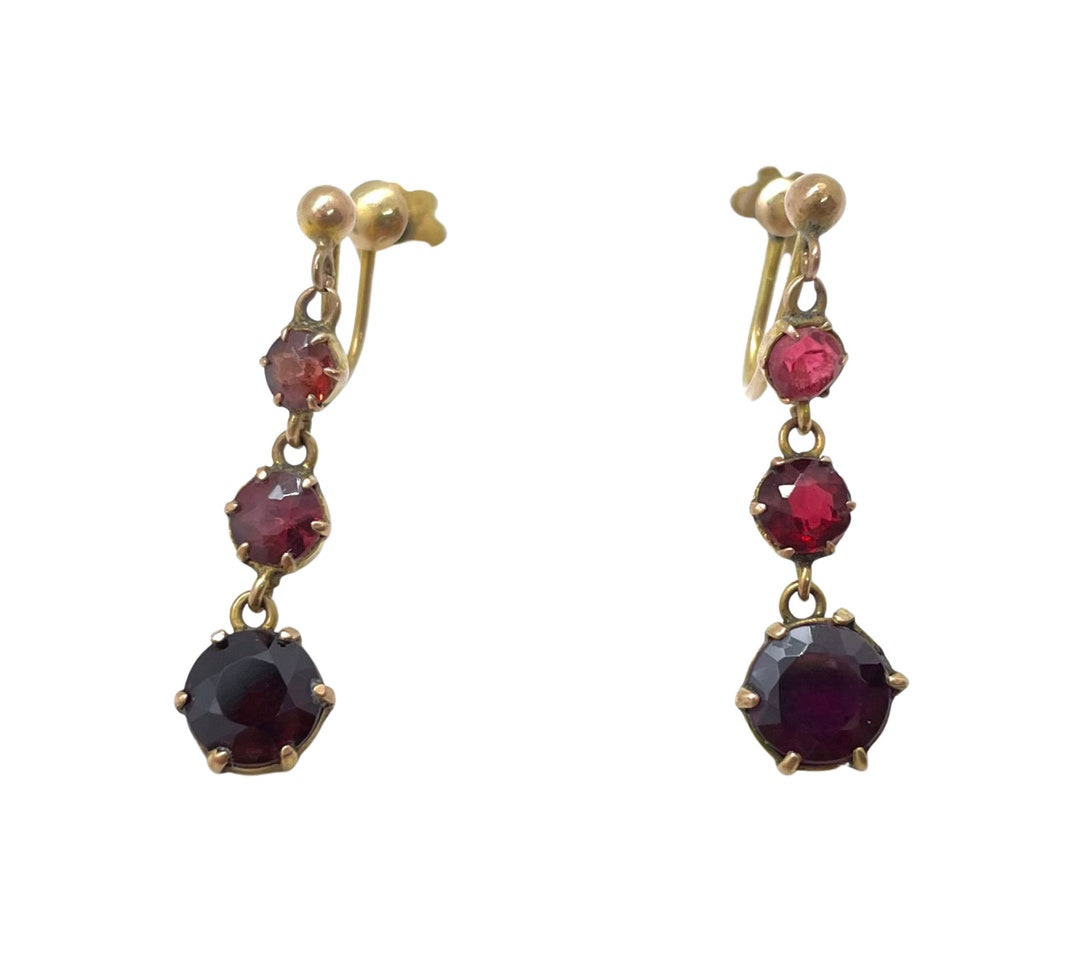 Antique Victorian 9ct Gold Flat-cut Garnet Screw-back Dangle Earrings ...