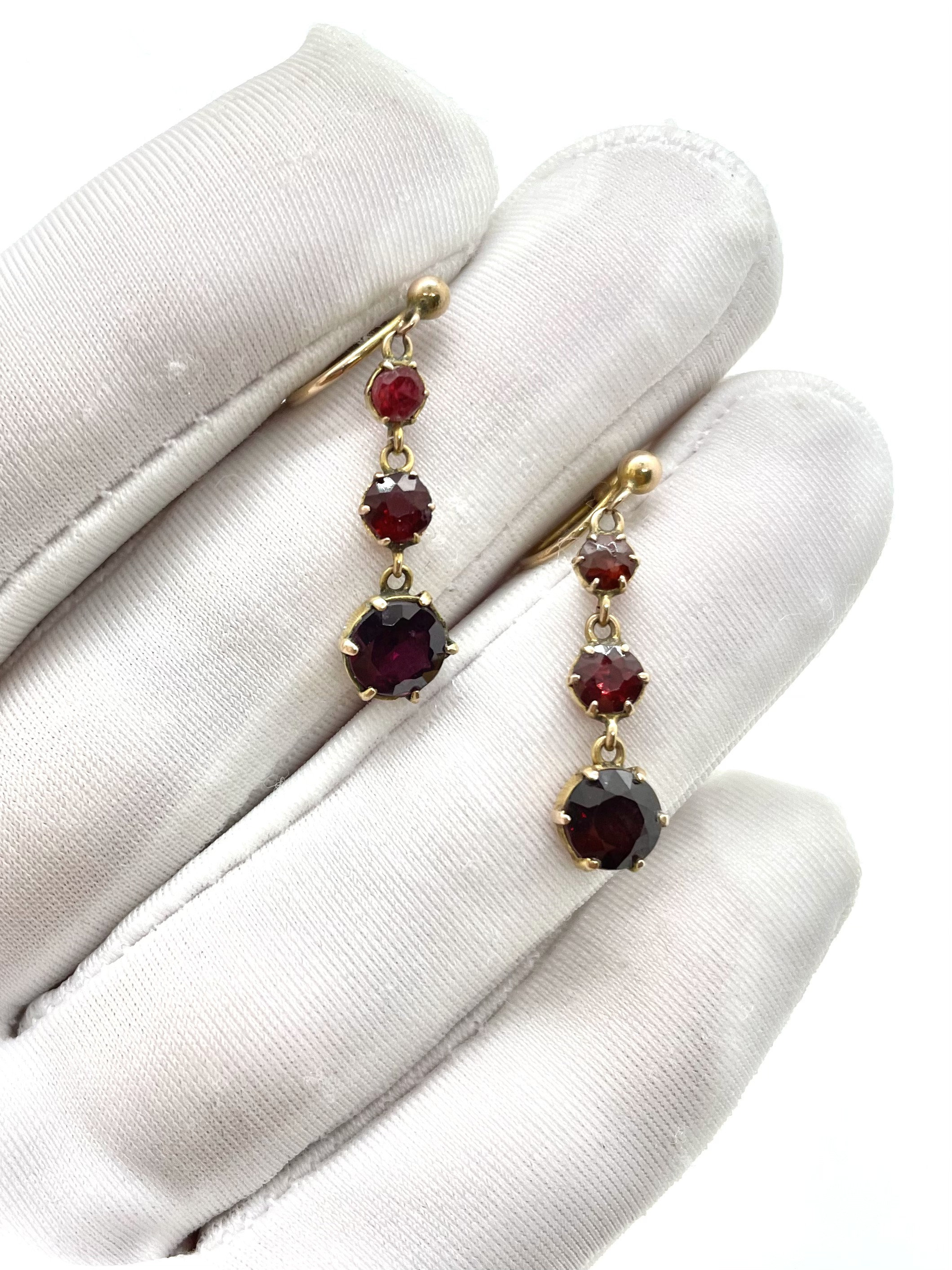 Antique Victorian 9ct Gold Flat-cut Garnet Screw-back Dangle Earrings ...