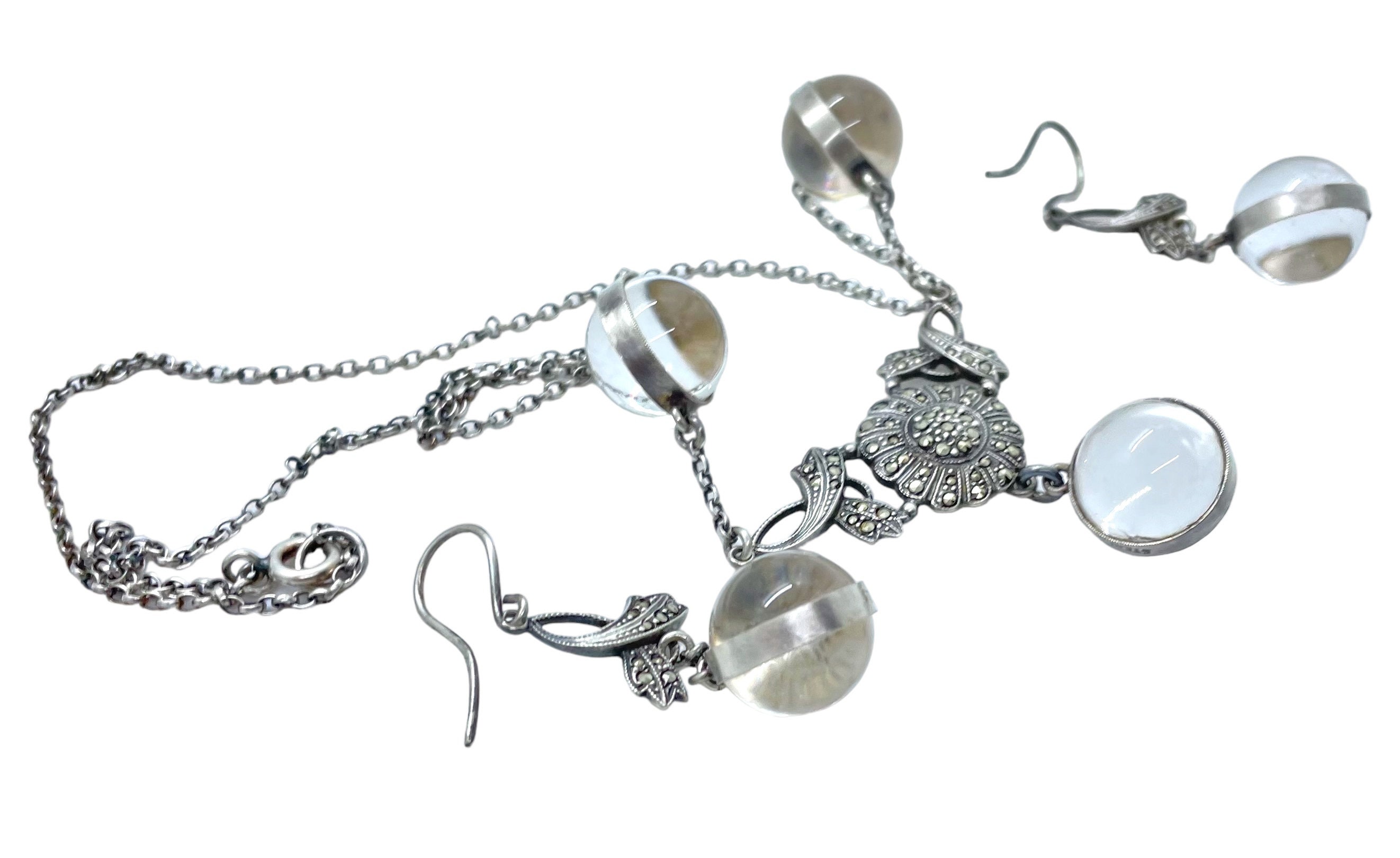 Antique Art Deco Silver Marcasite Pool of Light Rock Crystal Flower Necklace & Earrings Set - Etsy
