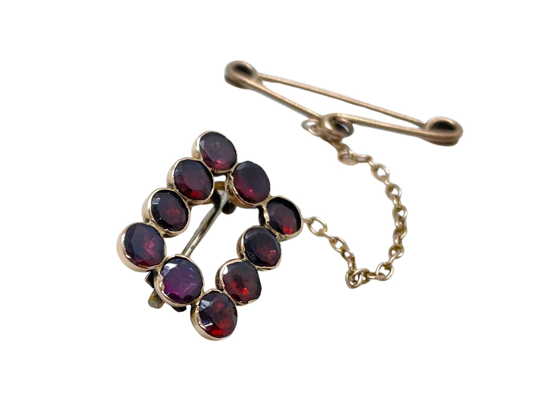 Antique Georgian 9ct Rose Gold Flat-cut Garnet Safety Chain Pin Brooch ...