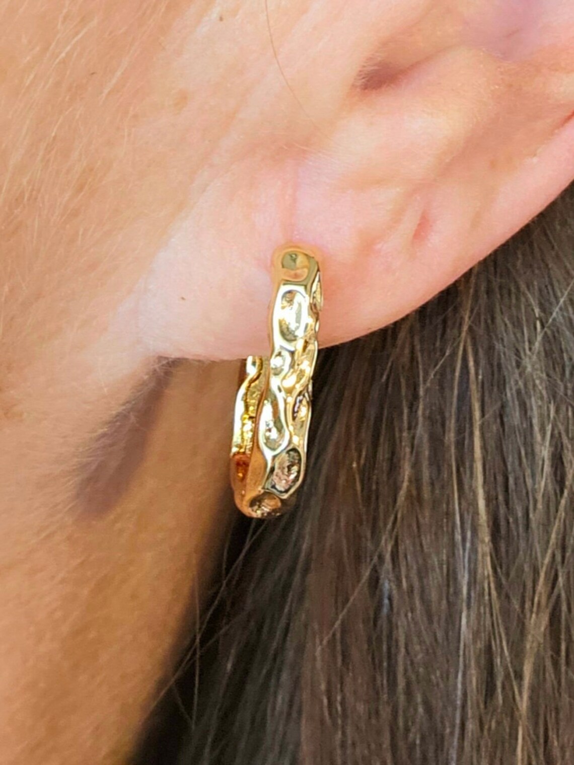 Adele 14K Gold Oblong Design Hoops, Gold Hoops, Croissant Earrings, Twisted Hoops, Waterproof ...
